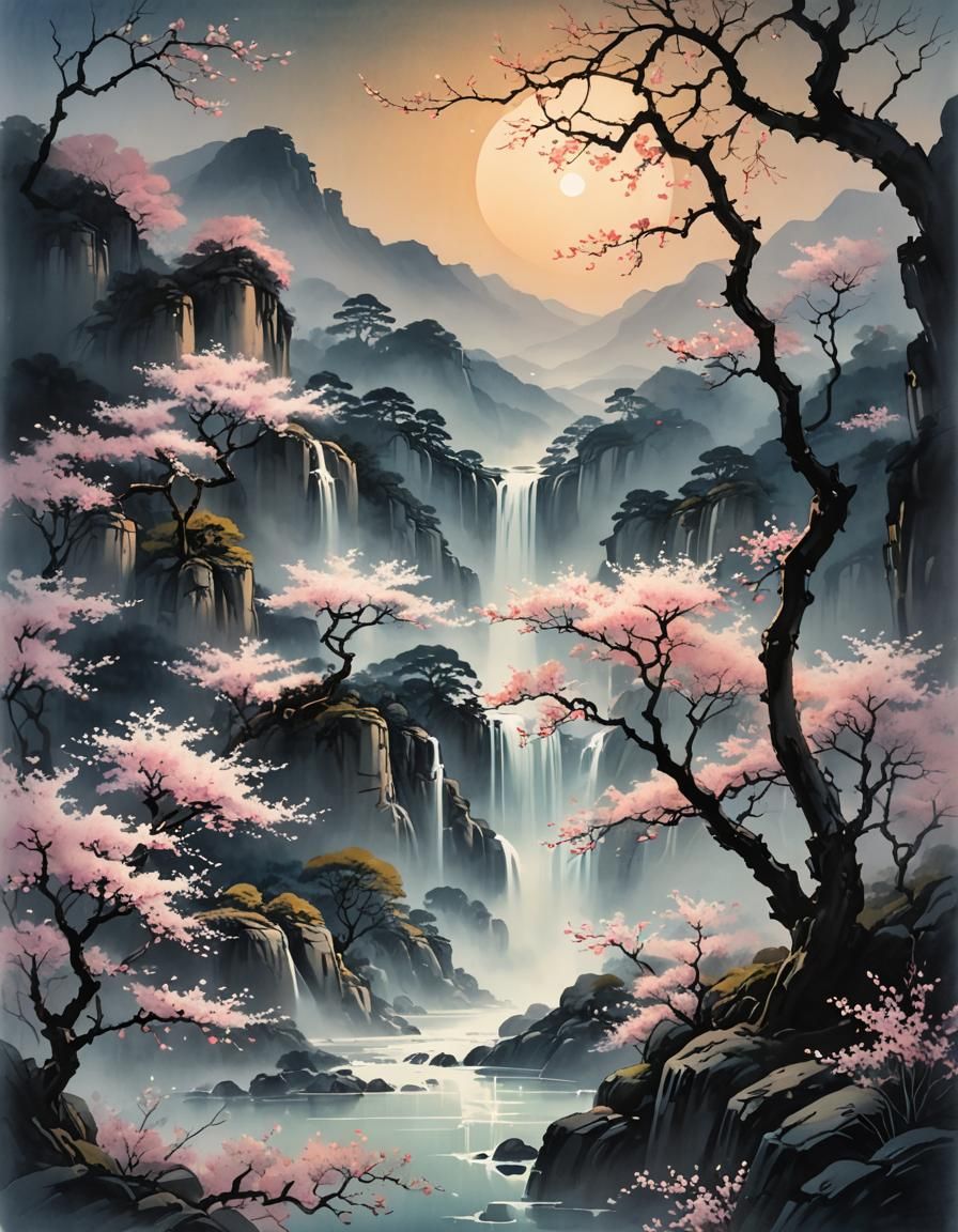 Moonlit Cascade: A Waterfall's Dance in Silver Light - AI Generated Artwork - NightCafe Creator