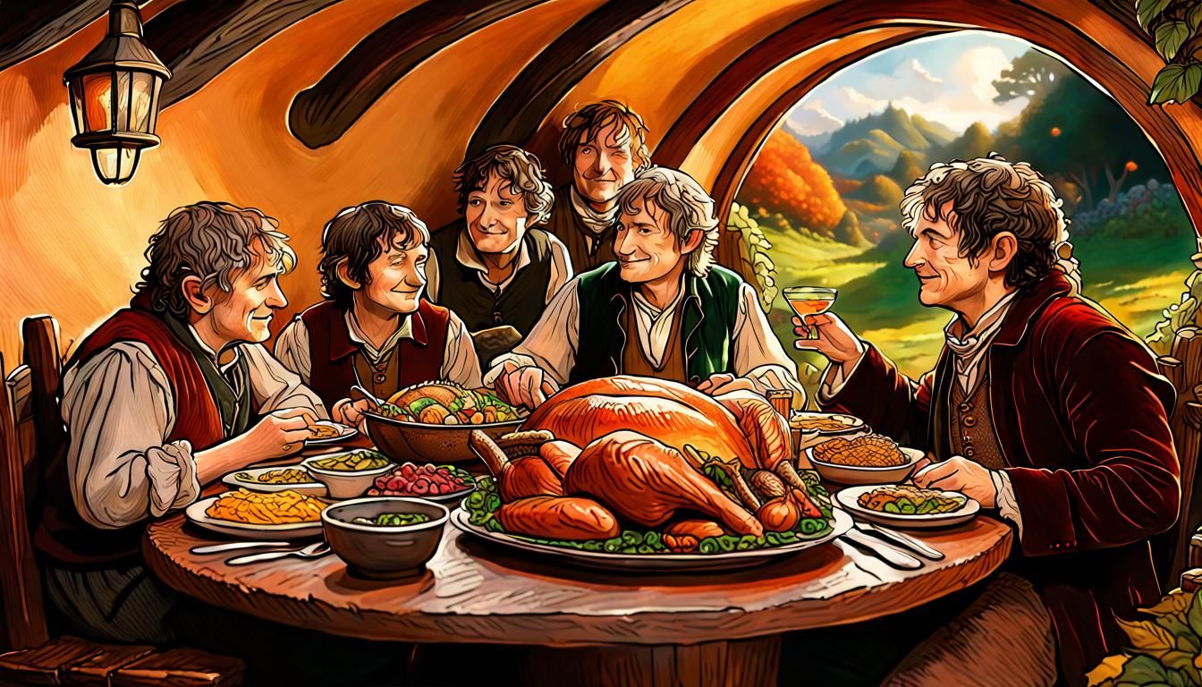 Bilbo Baggins having thanksgiving dinner with frodo and friends at his ...