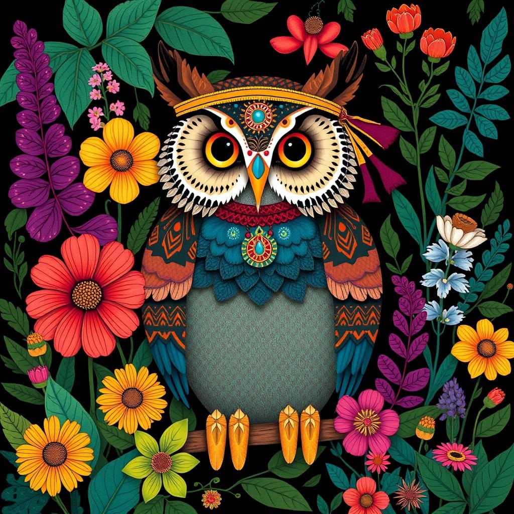 Bohemian Whimsy Owl in Vibrant Wildflowers - AI Art