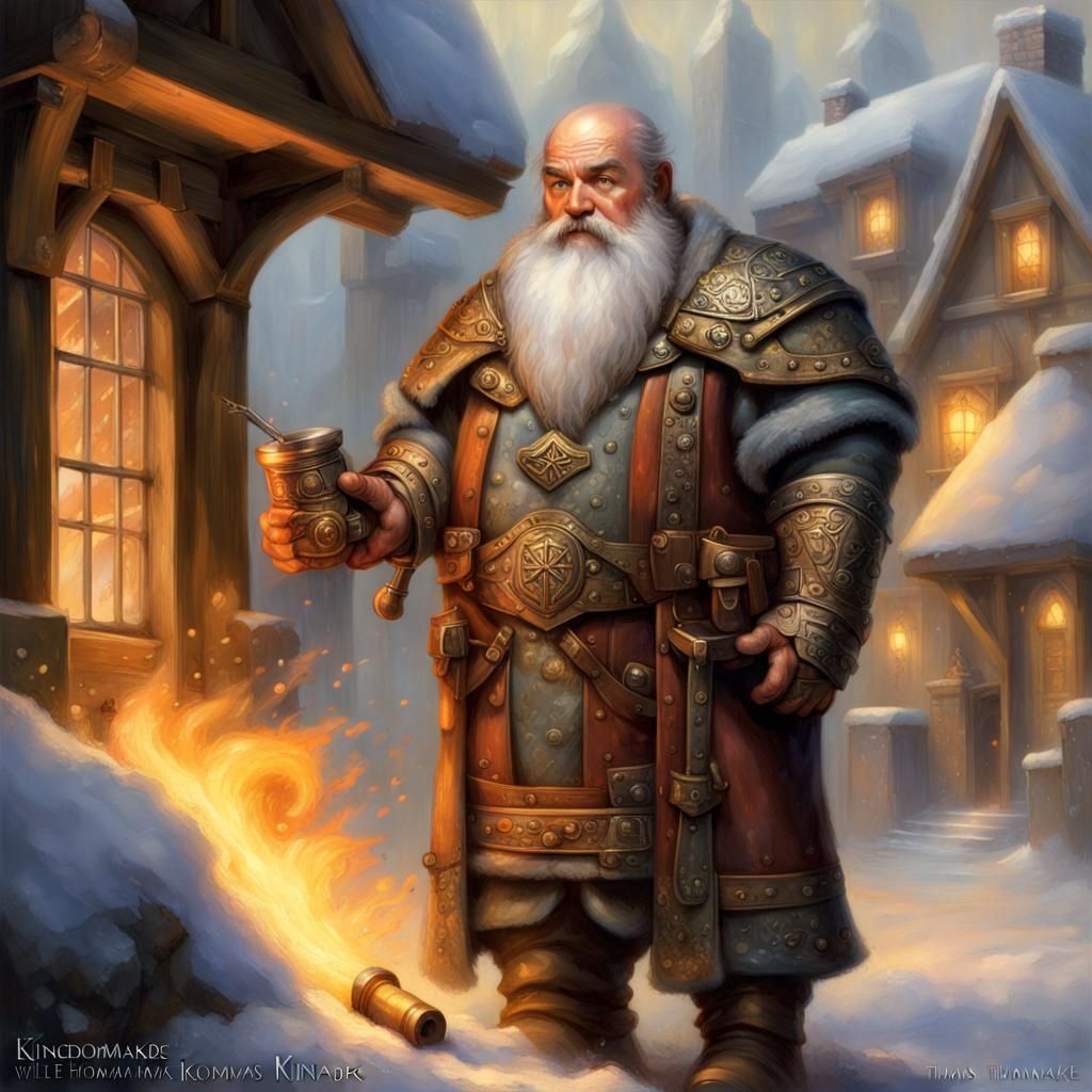 dwarven male forge master, drunk, full plate suit, merry, mirthful, balding, beard, magical ...
