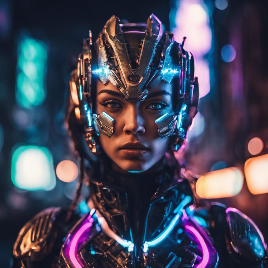 Portrait of a cyborg girl wearing futuristic face armor in a neon city ...