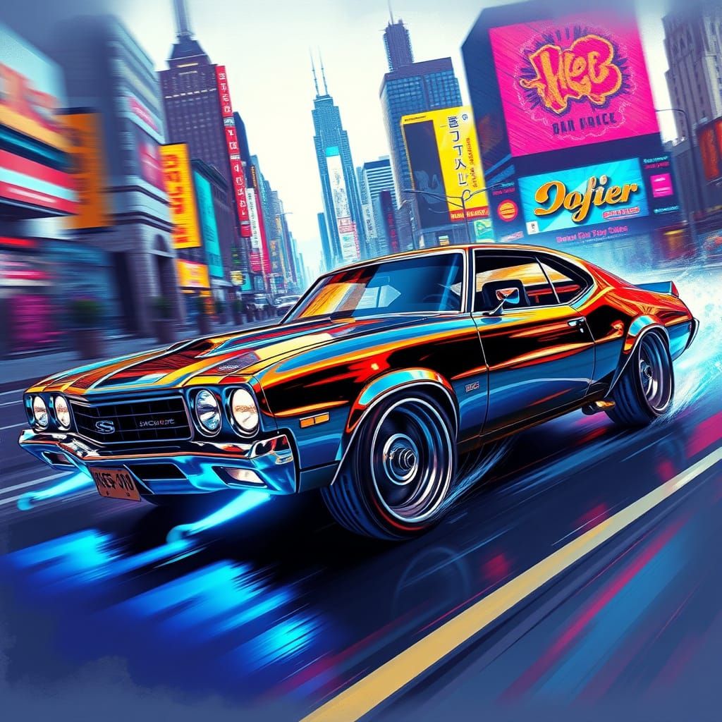 sleek, chrome-plated 1970s muscle car speeds through the city, its ...