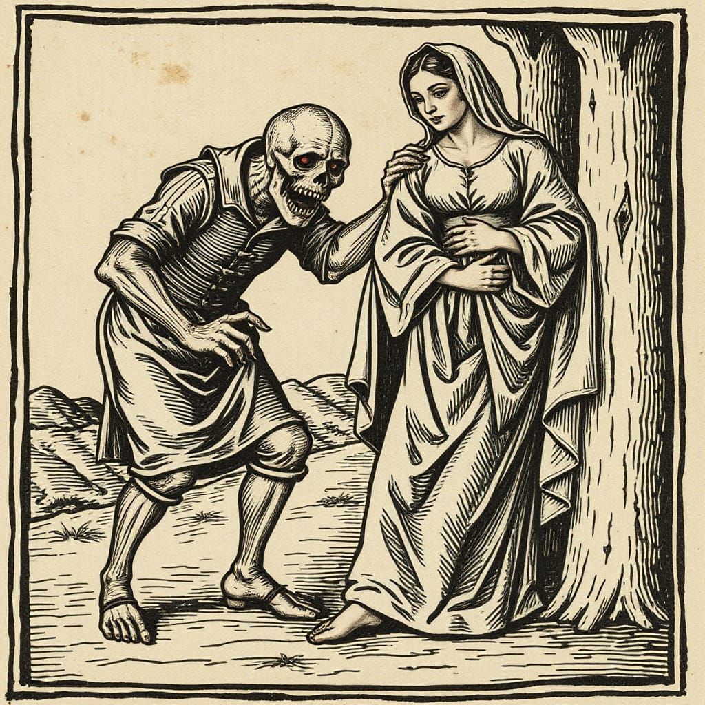 Medieval Woodcut of Ghoul Menacing Peasant Woman - AI Art