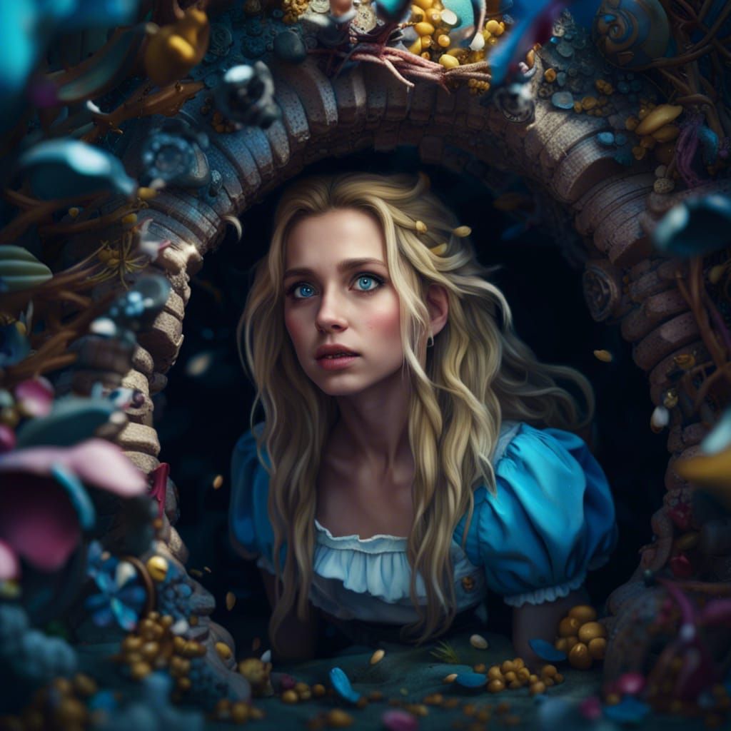 Beautiful Alice in Wonderland falling though a never ending hole ...
