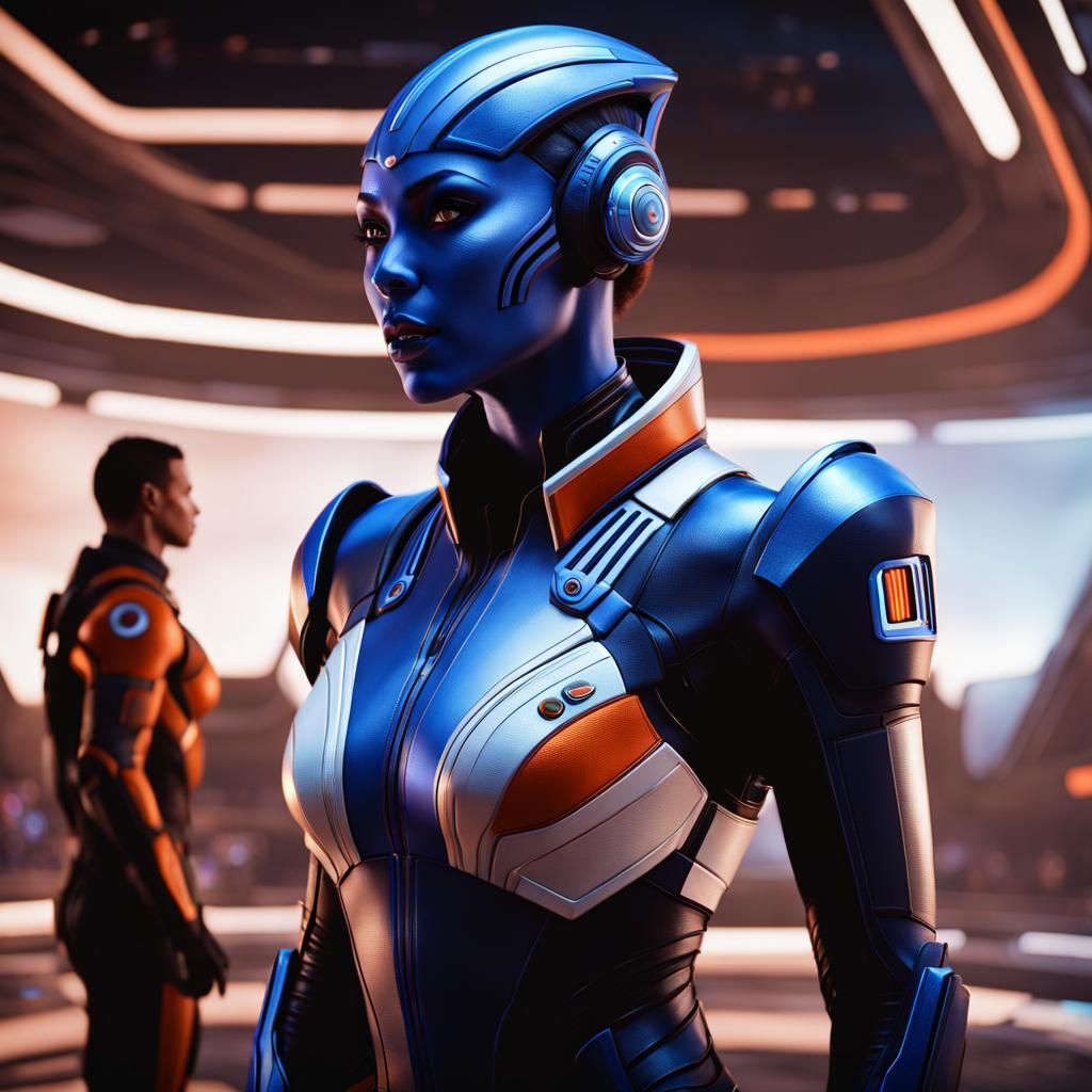 A long shot of beautiful (asari from mass effect:2) girl, blue white ...