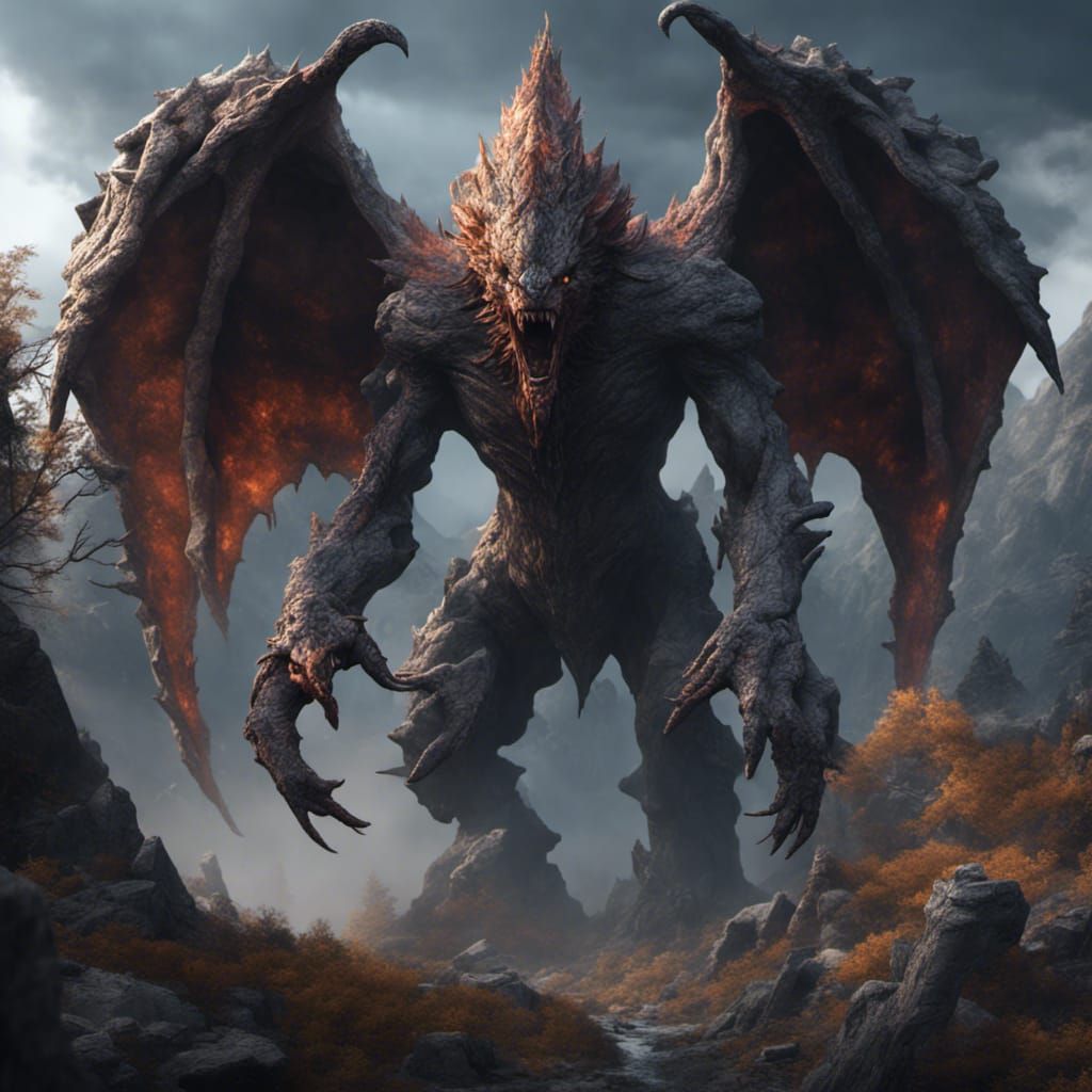 Scary creature made of stone. Large. In the mountains breathing fire ...