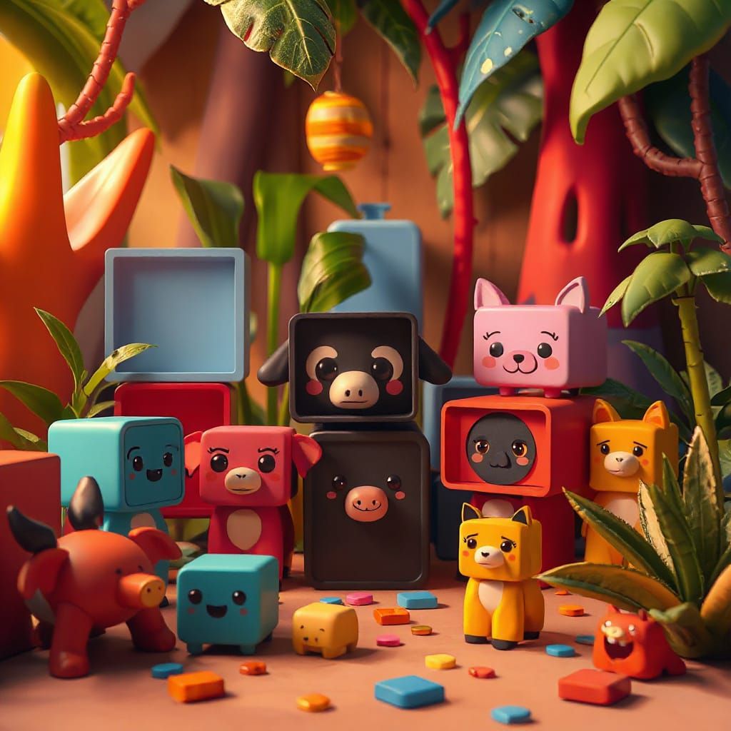Vibrant Square Jungle Creatures in Whimsical Anima... - AI Art