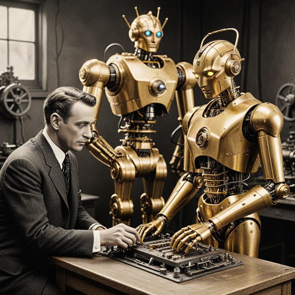 Golden Robo Sidekick Builds Epic 1920s Machine - AI Art