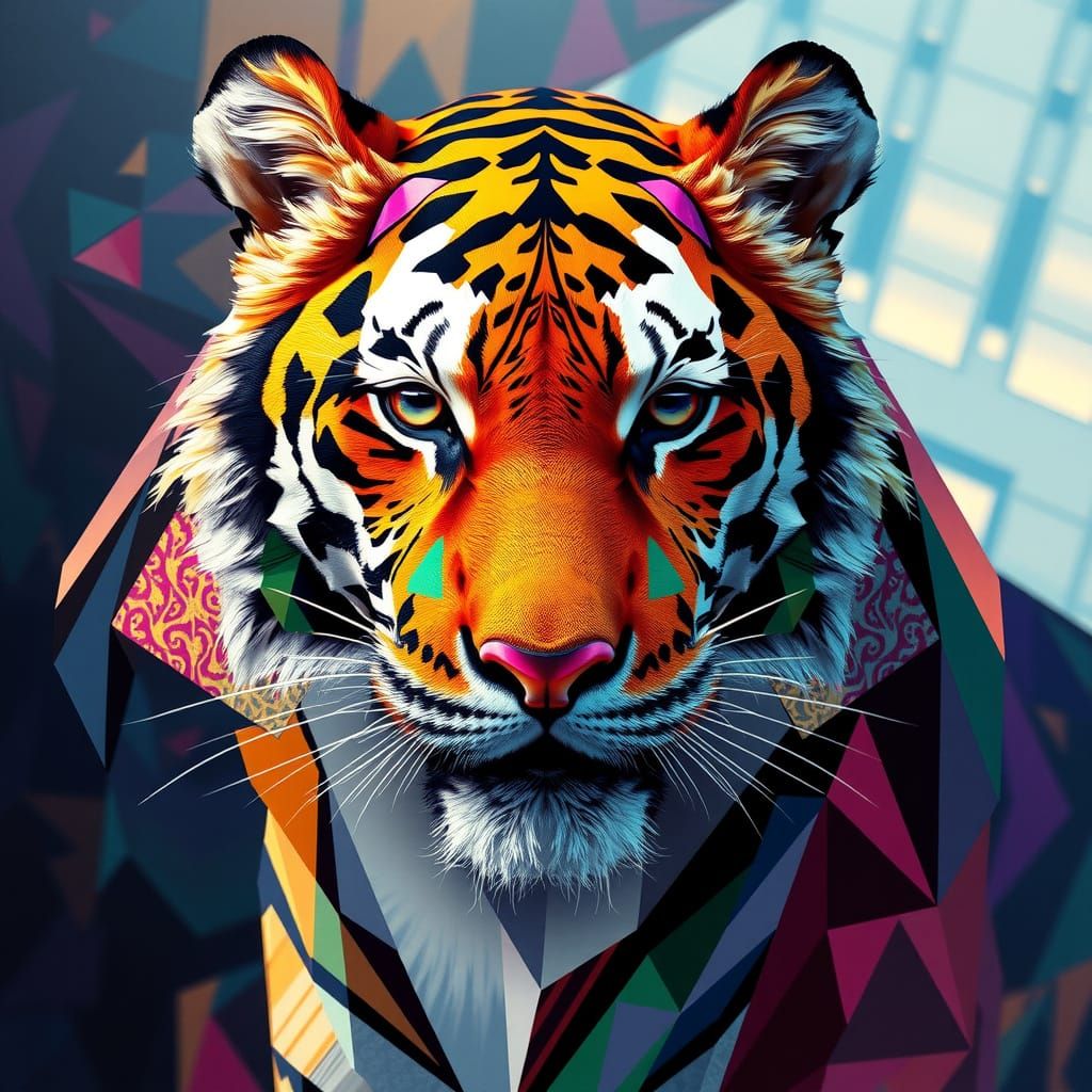 Maximalist Neo-Cubist Tiger, Geometric Fauvism Art... - AI Art