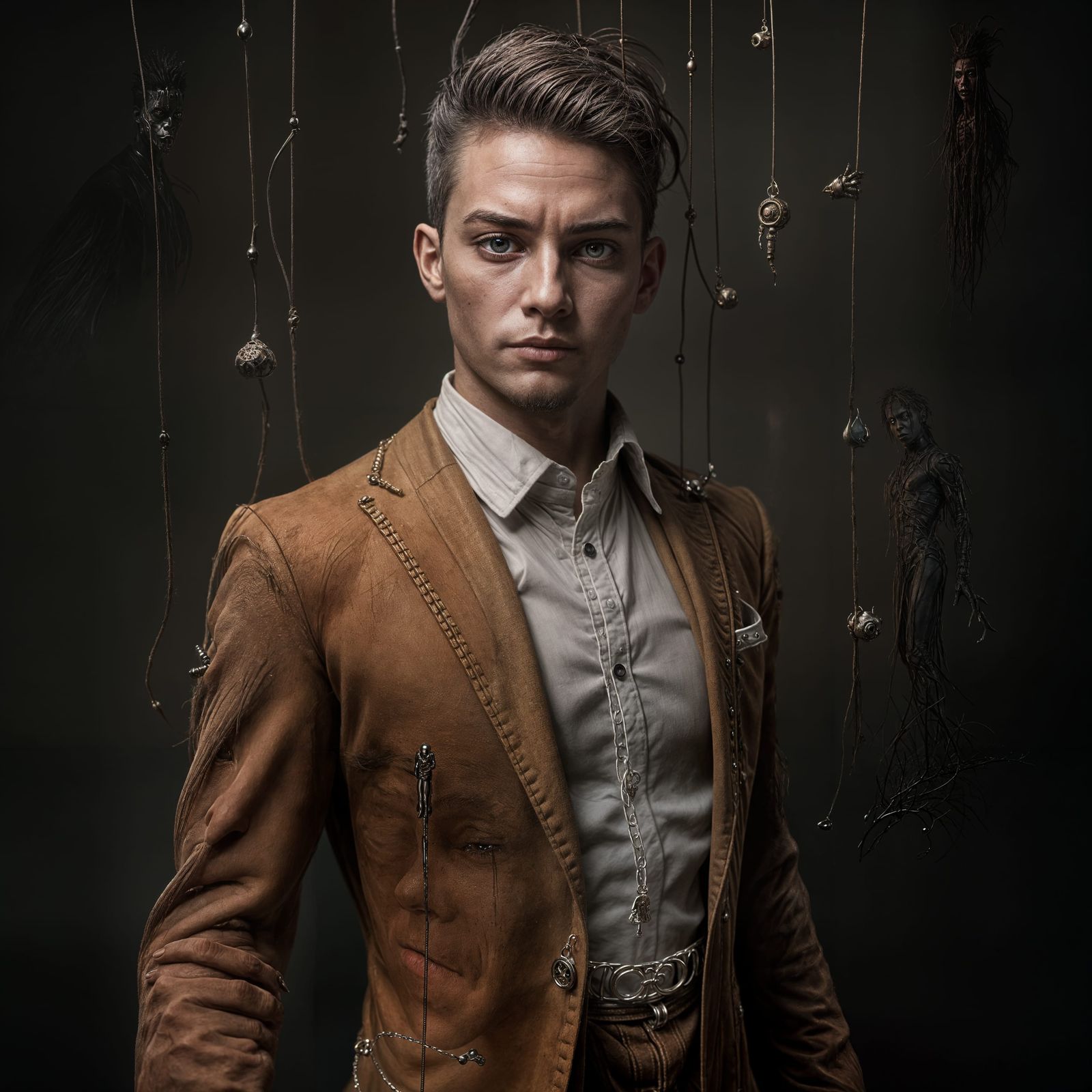 Young Man as Voodoo Doll in Dark Studio Setting - AI Art