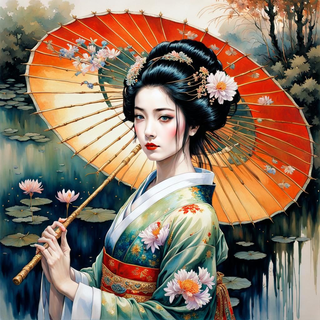 Beautiful Geisha with an umbrella - Beautiful Geisha with a...