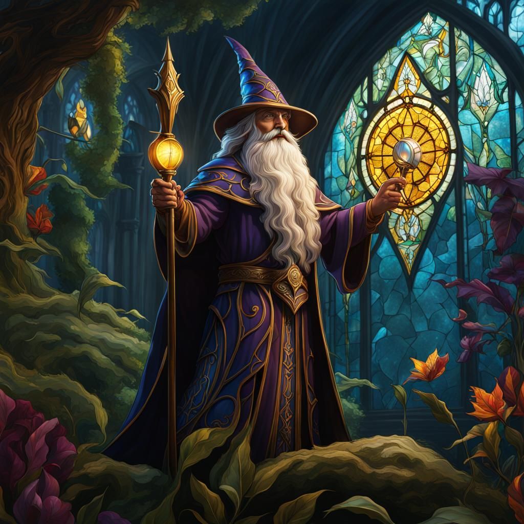 wizard of nature depicted in a mural of stained glass - AI Generated ...