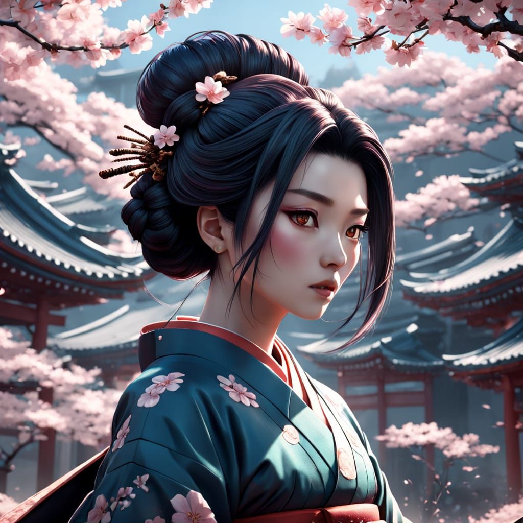 Geisha Girl Battles Anime Alien Monster in Epic 3D... - AI Art