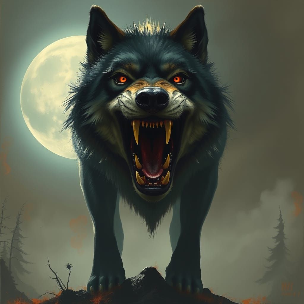 Menacing Wolf Under Full Moon in Dark, Moody Style - AI Art