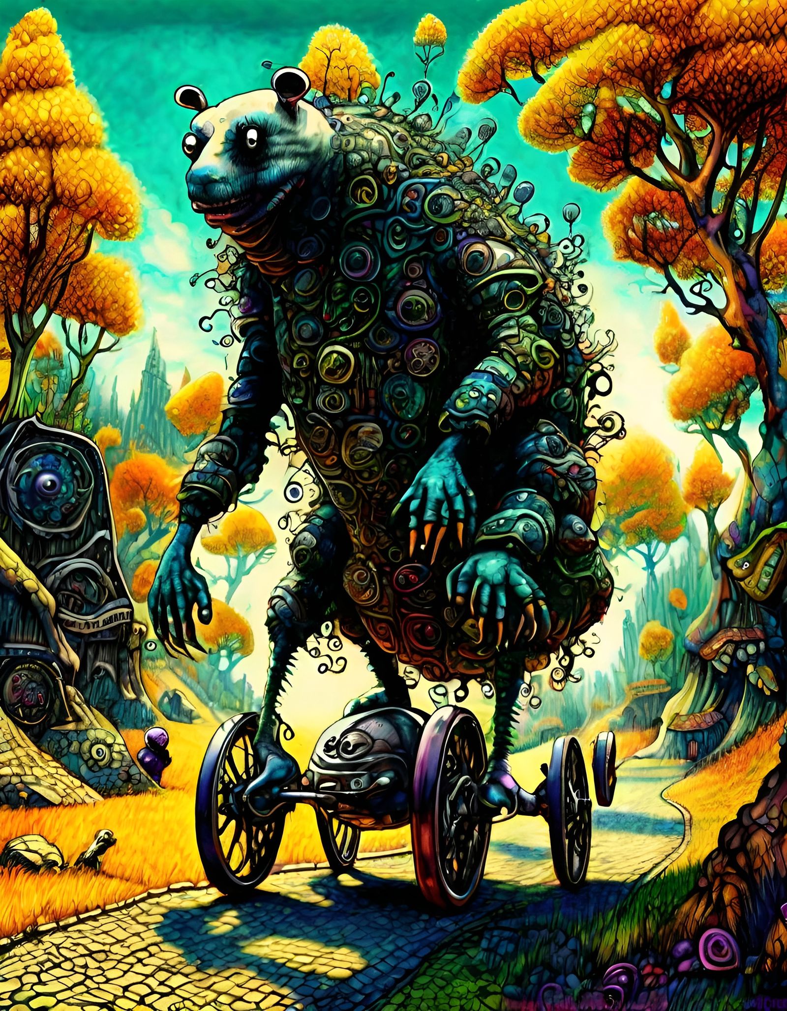 Very tall impossibly weird creatures wandering with spoked wheels for ...