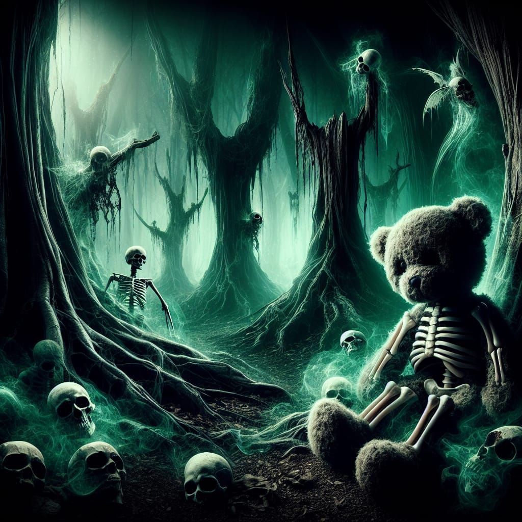 Ethereal Skeleton Teddy Bear in Dark Fantasy Fores... - AI Art