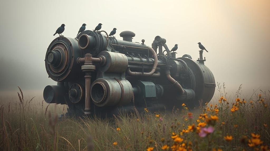 Colossal Diesel Engine in Misty Field, Retrofuturi... - AI Art