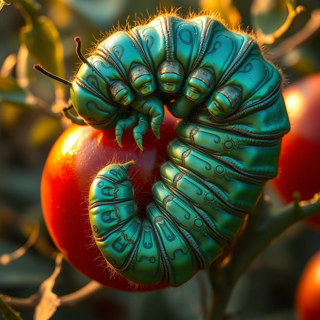 Photorealistic. Giant alien caterpillar on tomato plant