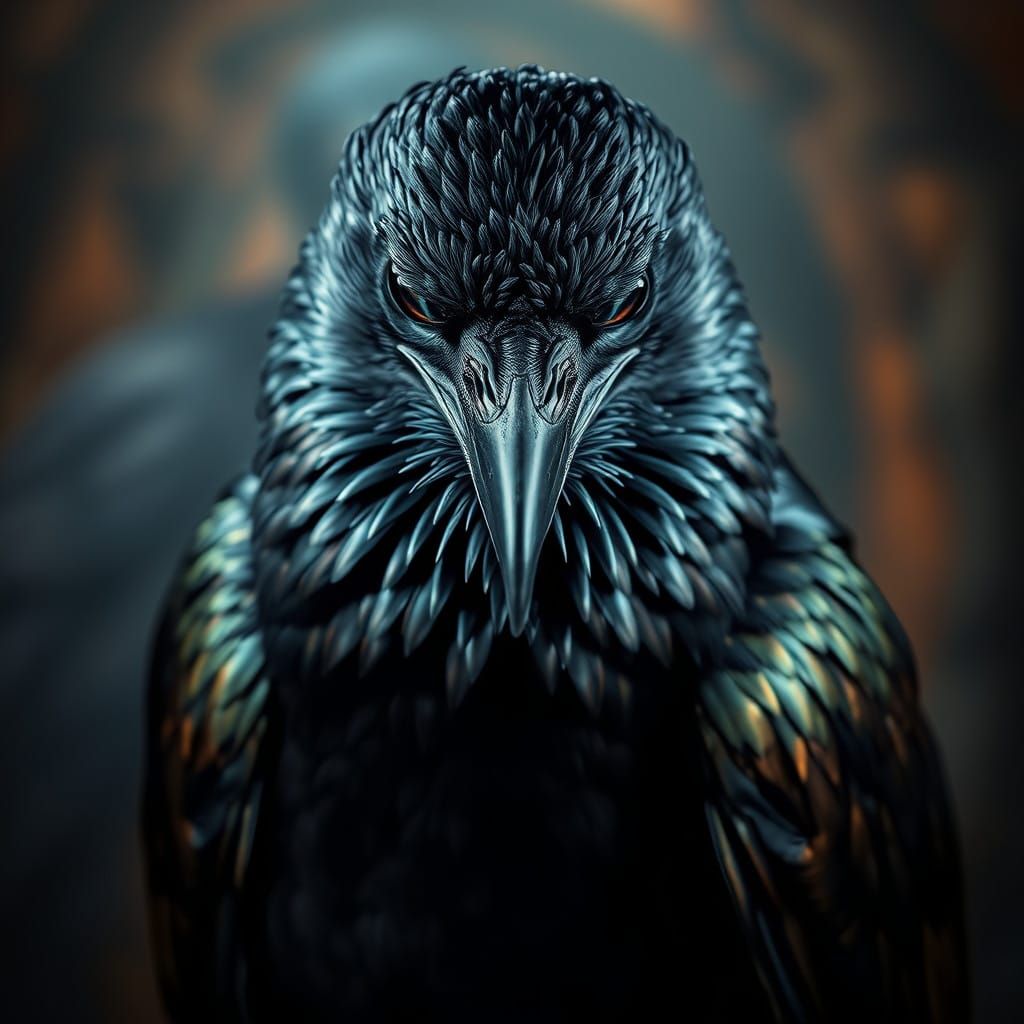 a disgruntled raven with shiny feathers, it should have a surreal and ...