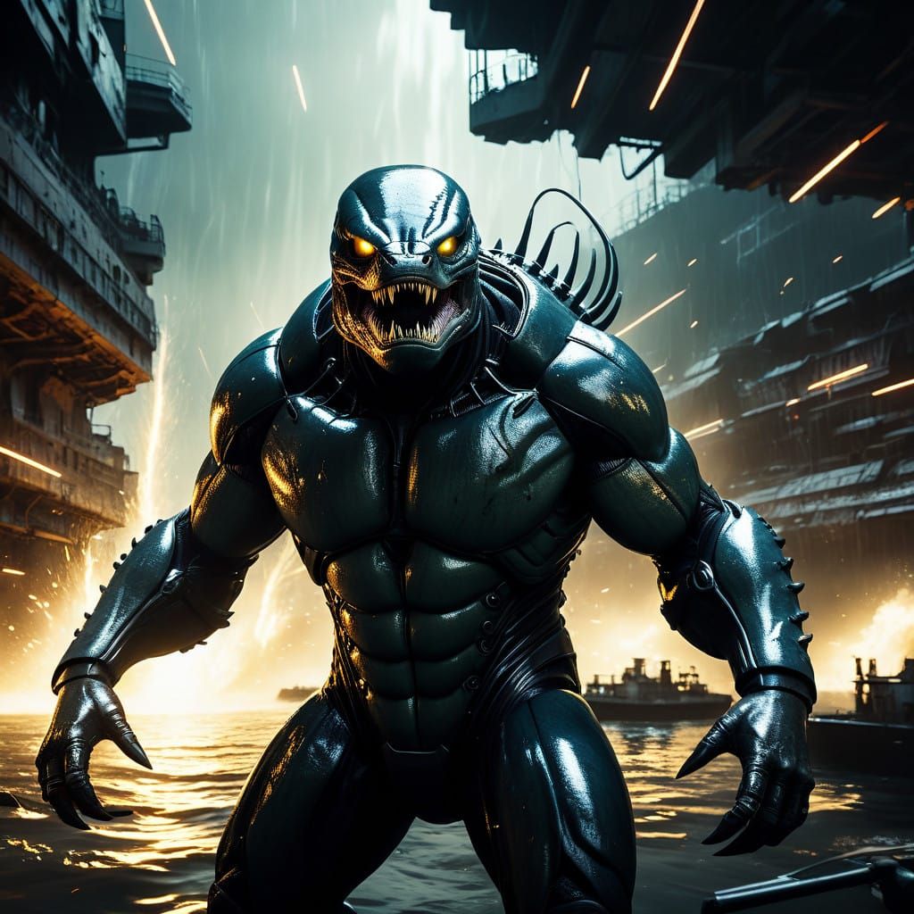 A hyperrealistic, humanoid electric eel in a navy seal combat uniform ...