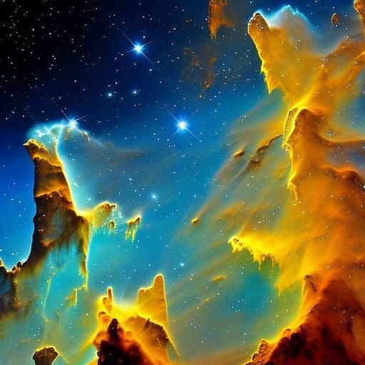 webb telescope image of pillars of creation. Blue nebula, stunning display of stars against a ...