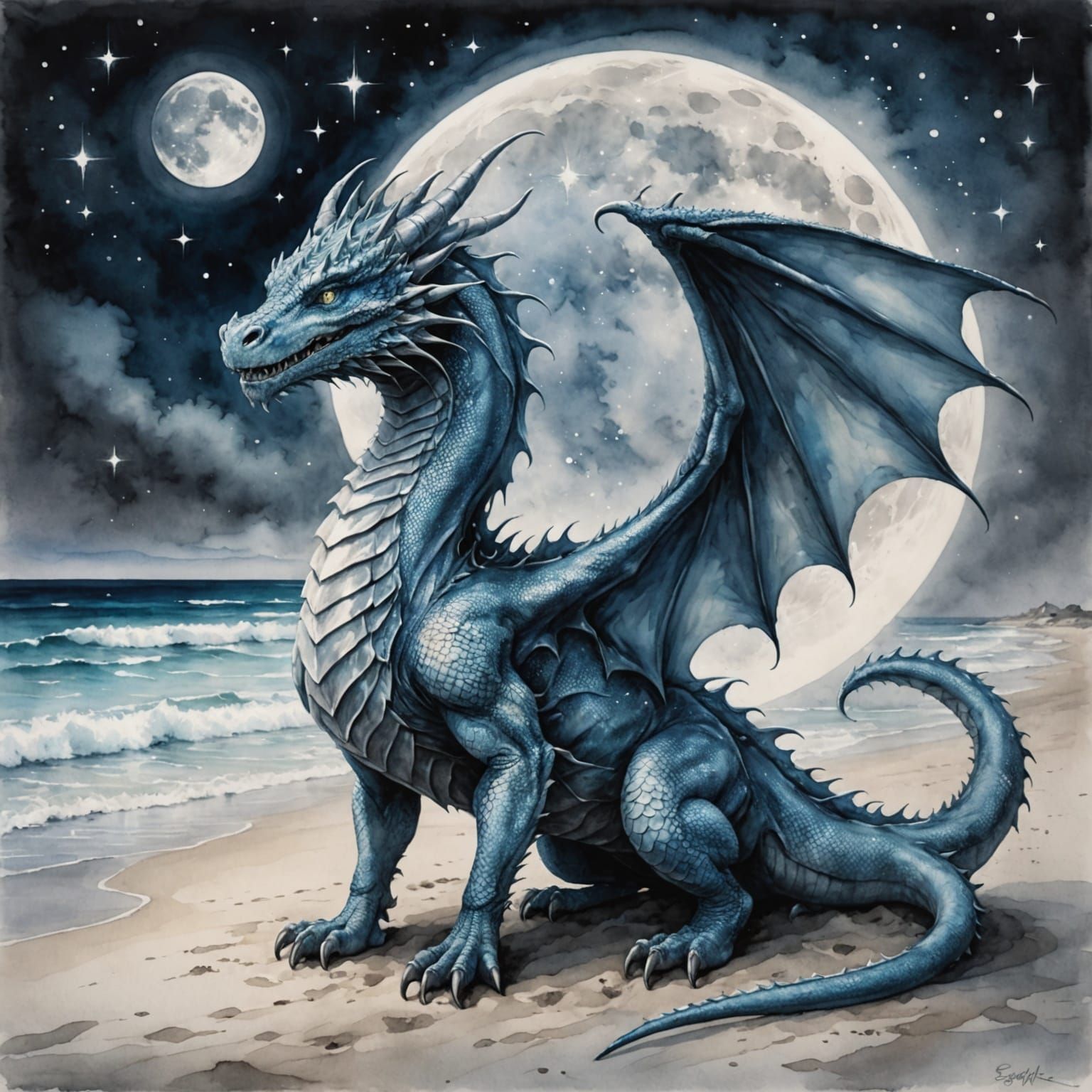 Dreamy Dragon - Ethereal Dragon in Moonlit Beach Scene