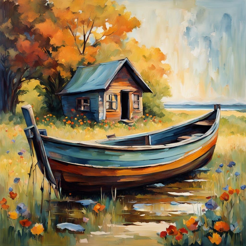 A quaint, weathered wooden house with a slanted roof sits in a serene ...