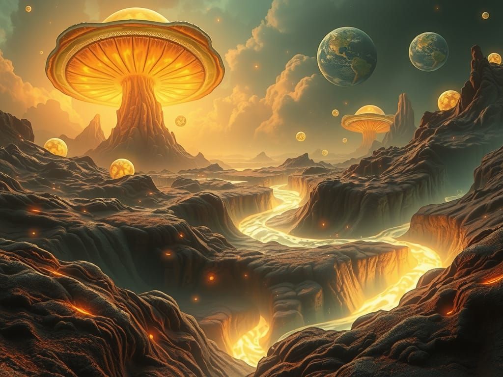 "Vast alien landscape of Mycelia VII, where the ground itself is dense ...