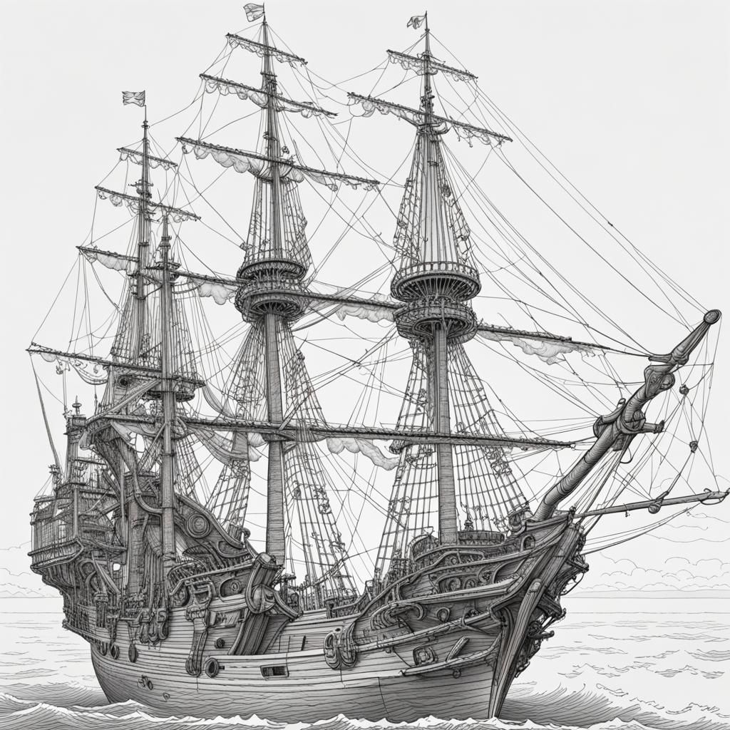 detailed line art drawing of a Spanish galleon - AI Generated Artwork - NightCafe Creator