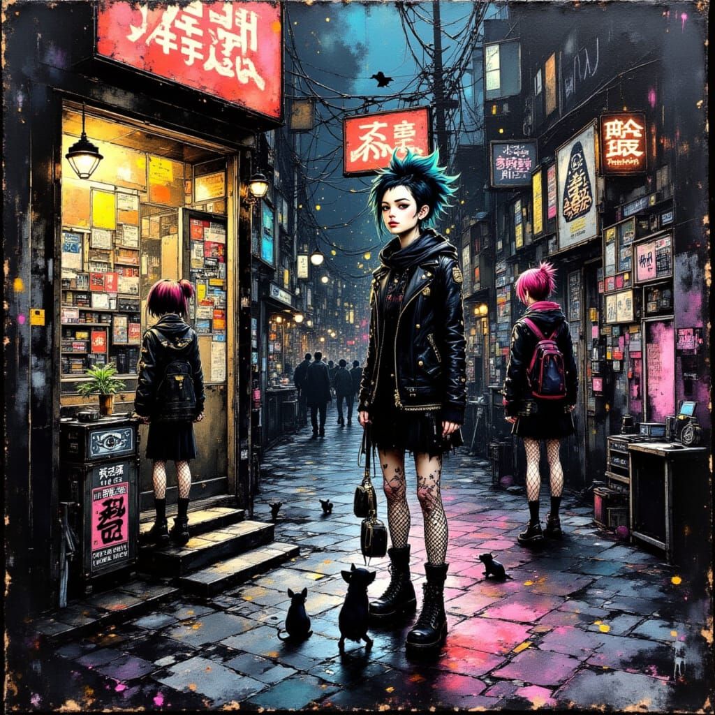 A fearless crew of japanese punk girls crowds outside the worn, sticker ...