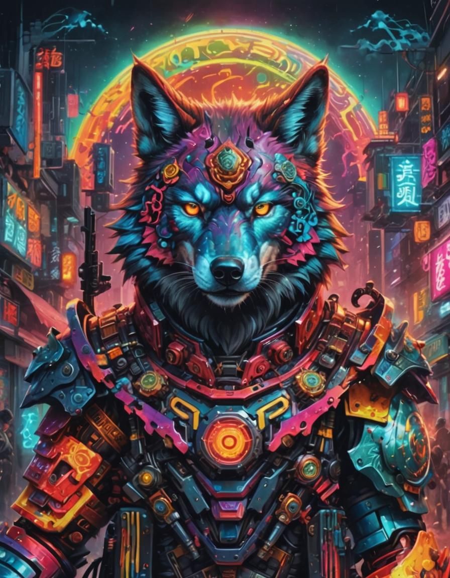 (Hyper detailed digital painting of a wolf like robot samurai, biopunk ...
