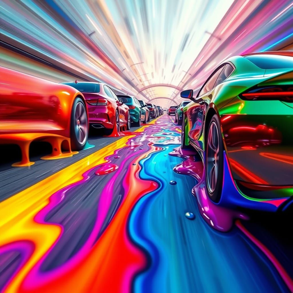 Vibrant Highway of Melting Car Paint in a Futurist... - AI Art