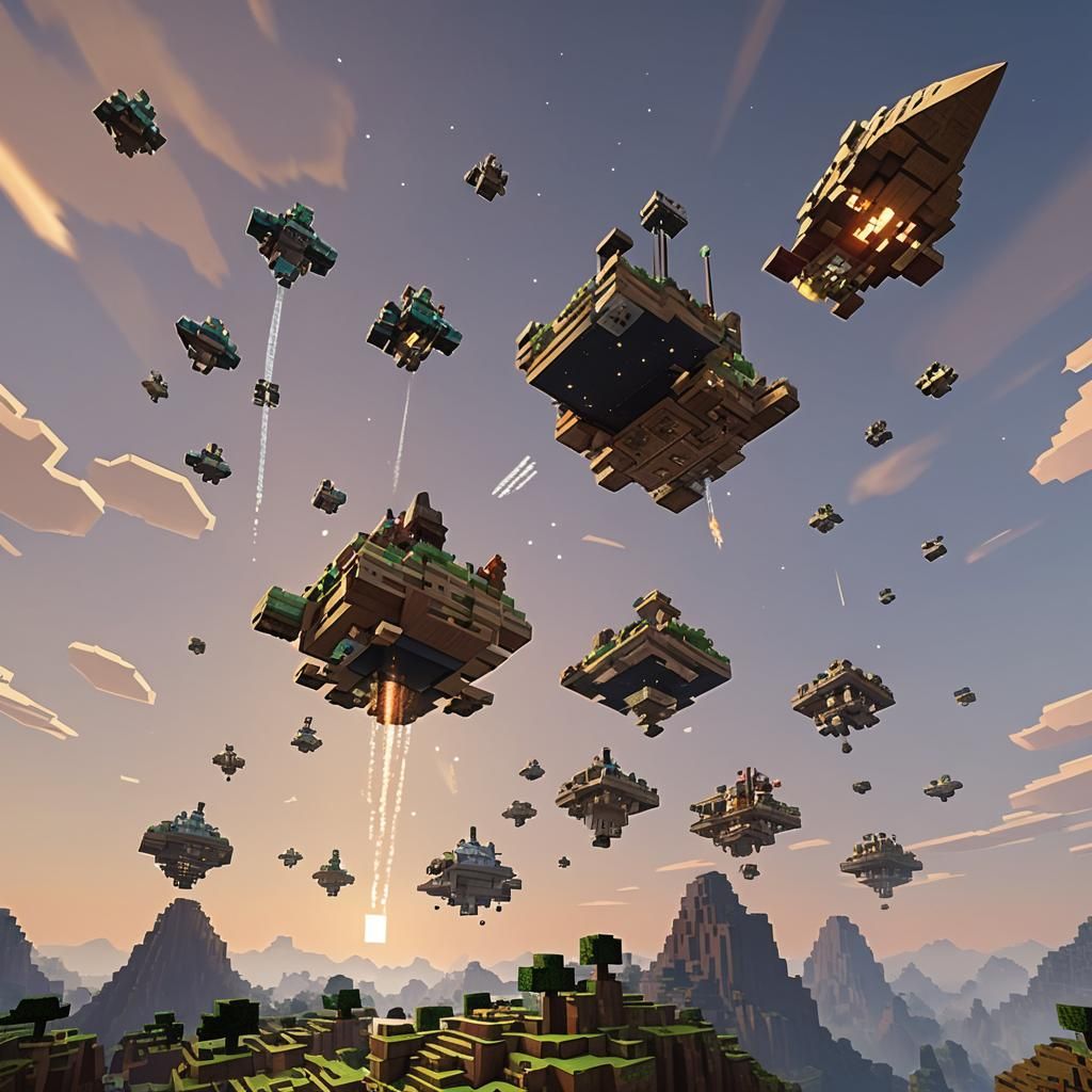 Minecraft three space ships flying in the sky with villagers and ...