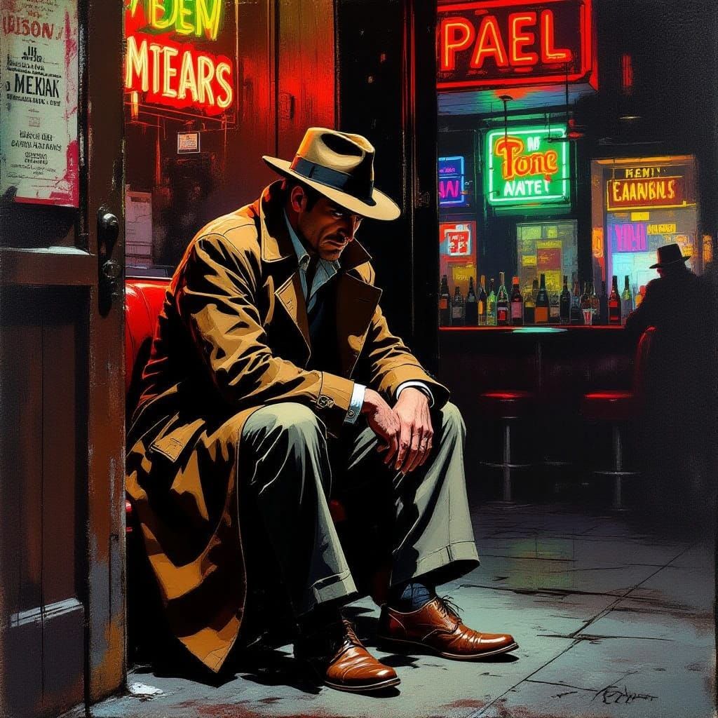 Man at Bar Entrance in Gritty Realism Style - AI Art