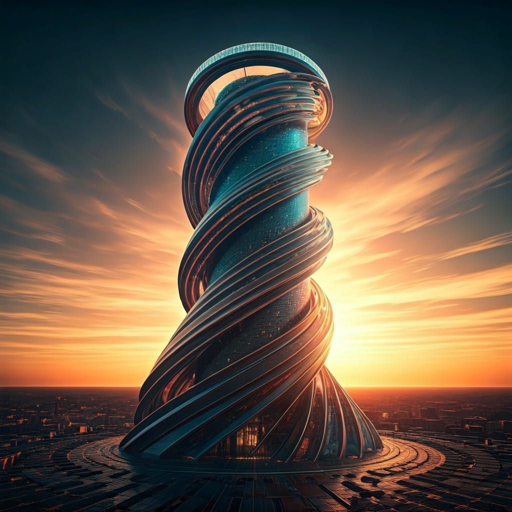 Ethereal Solarpunk Tower in Breathtaking Sunrise A... - AI Art