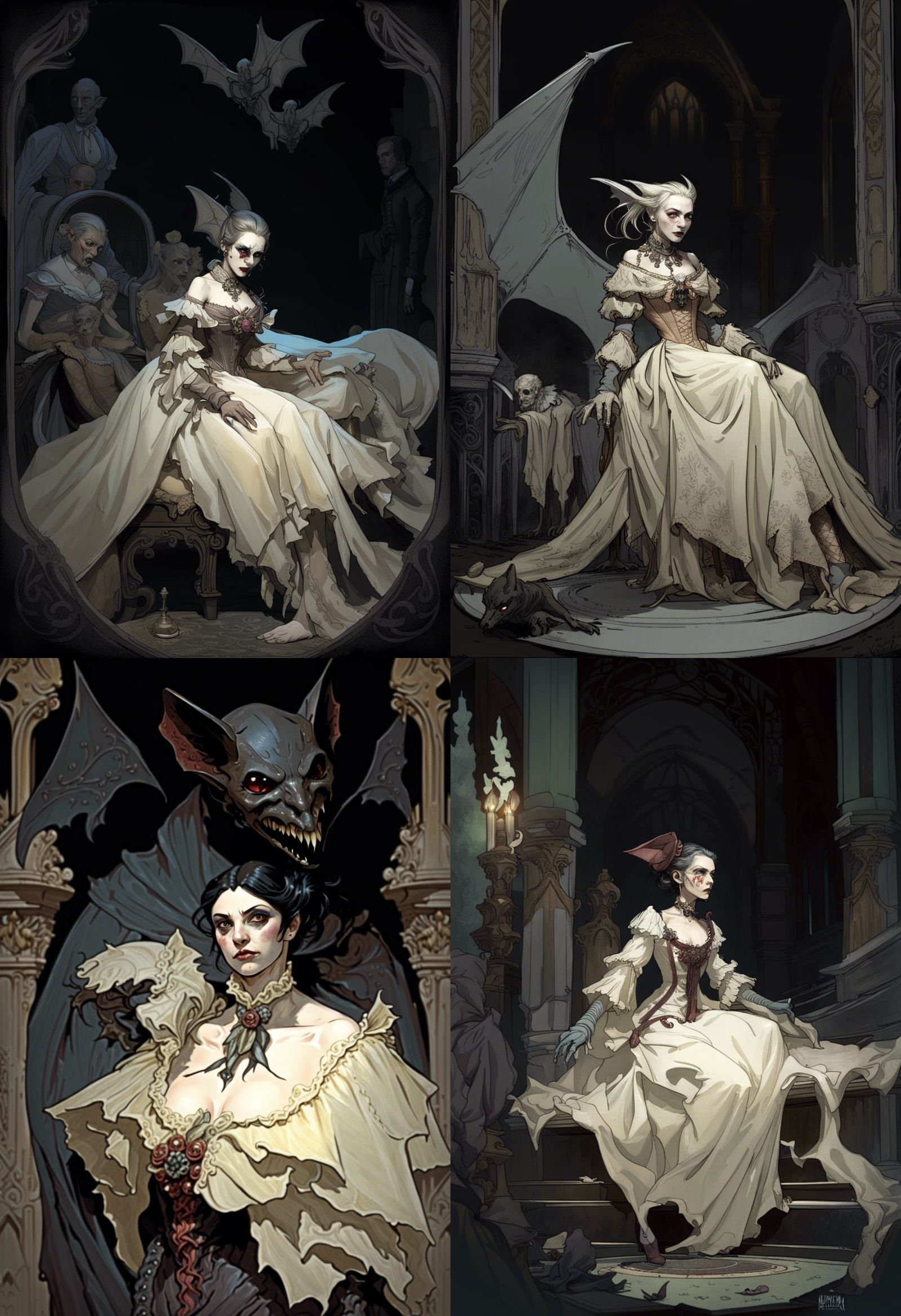 18th century female vampire, baroness dress, deformed bat-like, dark ...