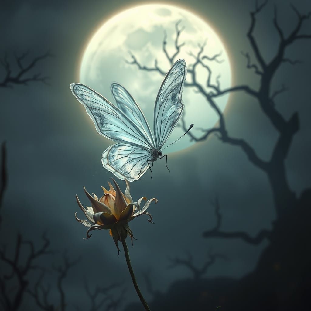 Ethereal Ghost Butterfly in a Gloom-Lit Landscape - AI Art