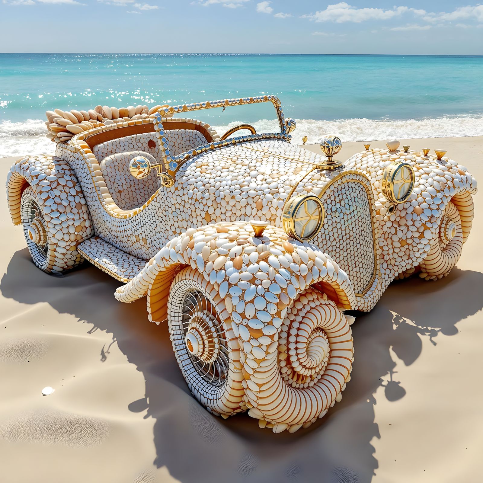 Gleaming in the sun, the seashell car is a marvel of natural artistry ...