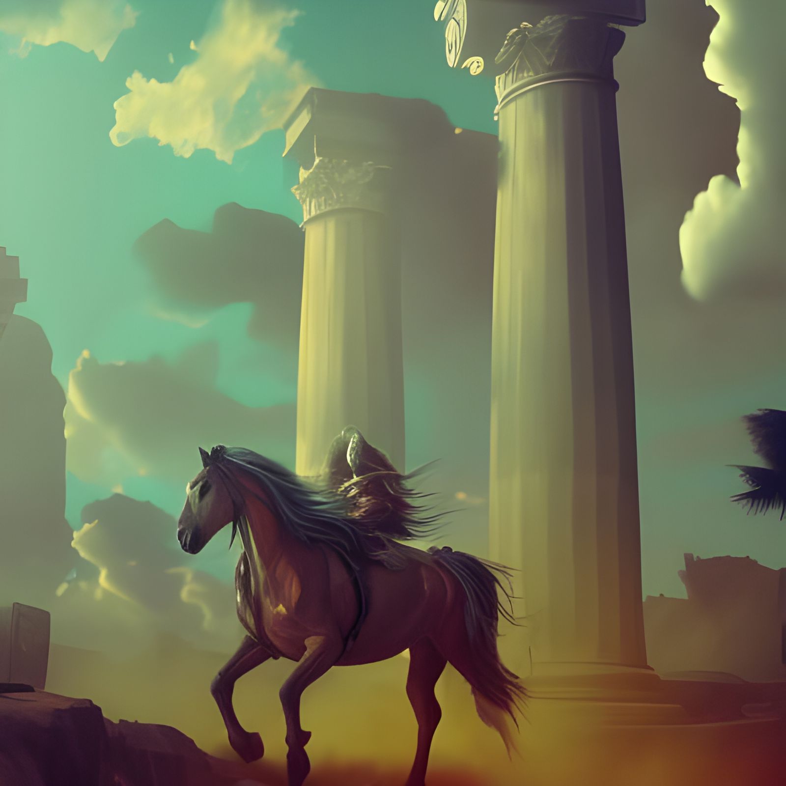 Sky, Horses, ancient, columns, gold, sunset, 8k resolution, dark ...