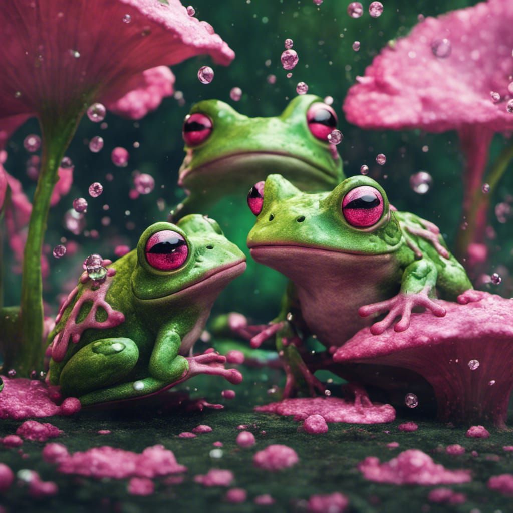 Green and pink frogs with glitter raining down on them : r/nightcafe