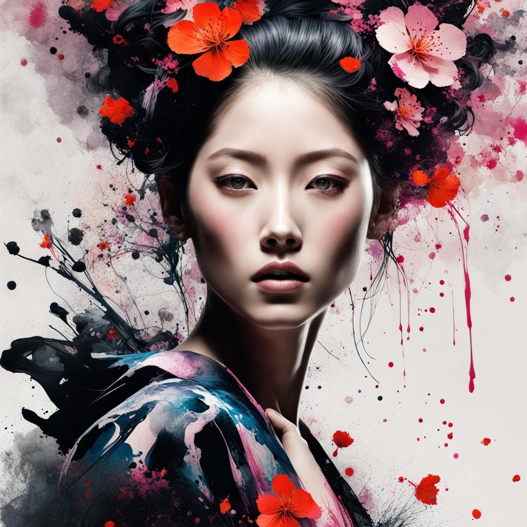 Japanese blossom Ink Splatter Digital ink drop splash fantasy portrait ...