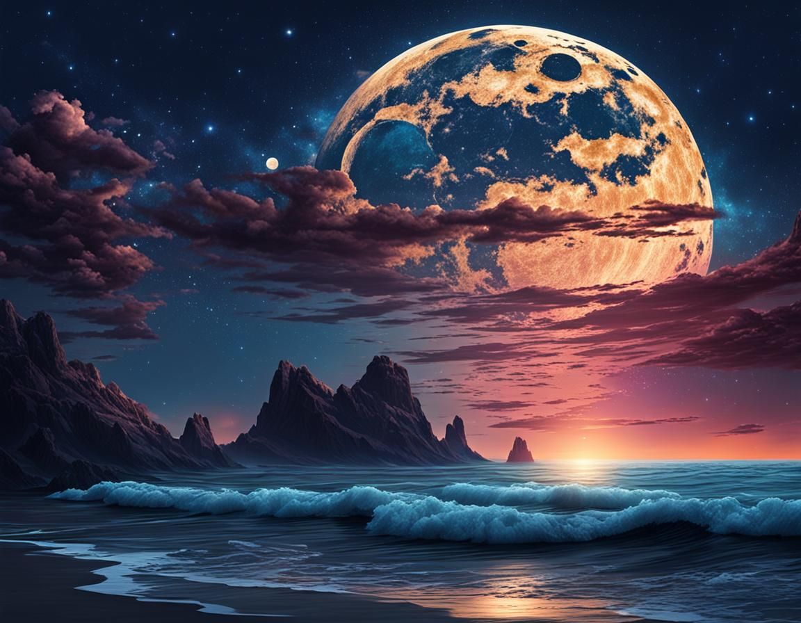 beautiful night ocean moonscape cosmic - AI Generated Artwork ...