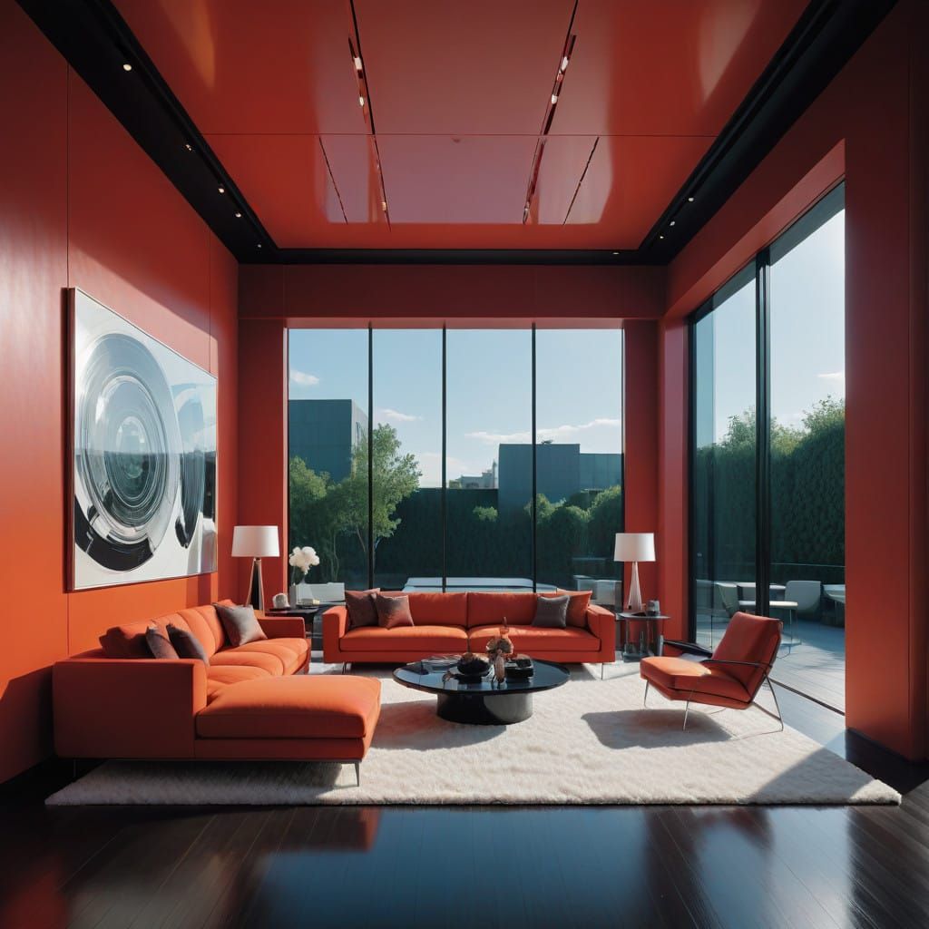 Scarlet Modern Living Room with Futuristic Floor-t... - AI Art