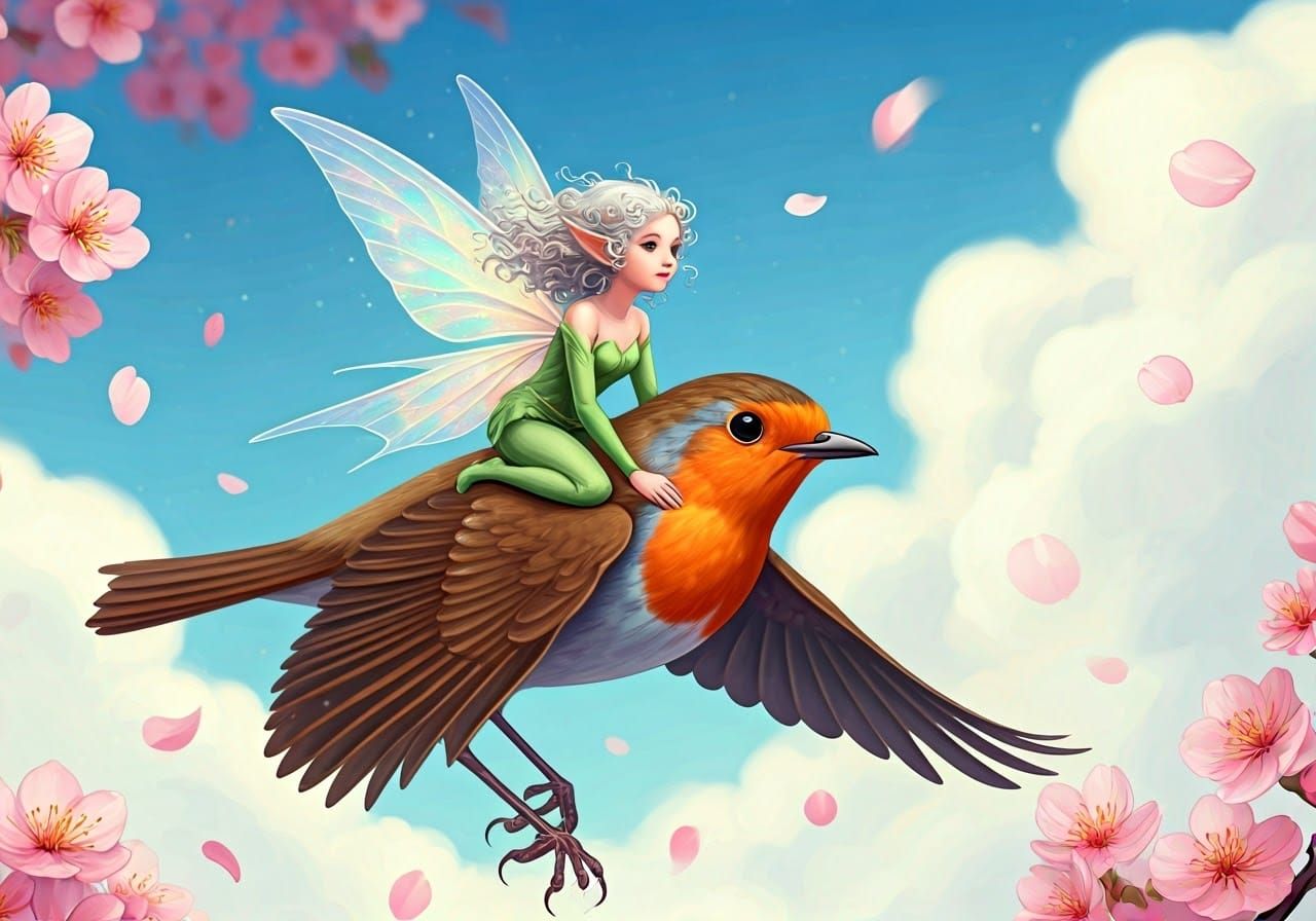 Whimsical Pixie Soars on Majestic Robin through Vi... - AI Art