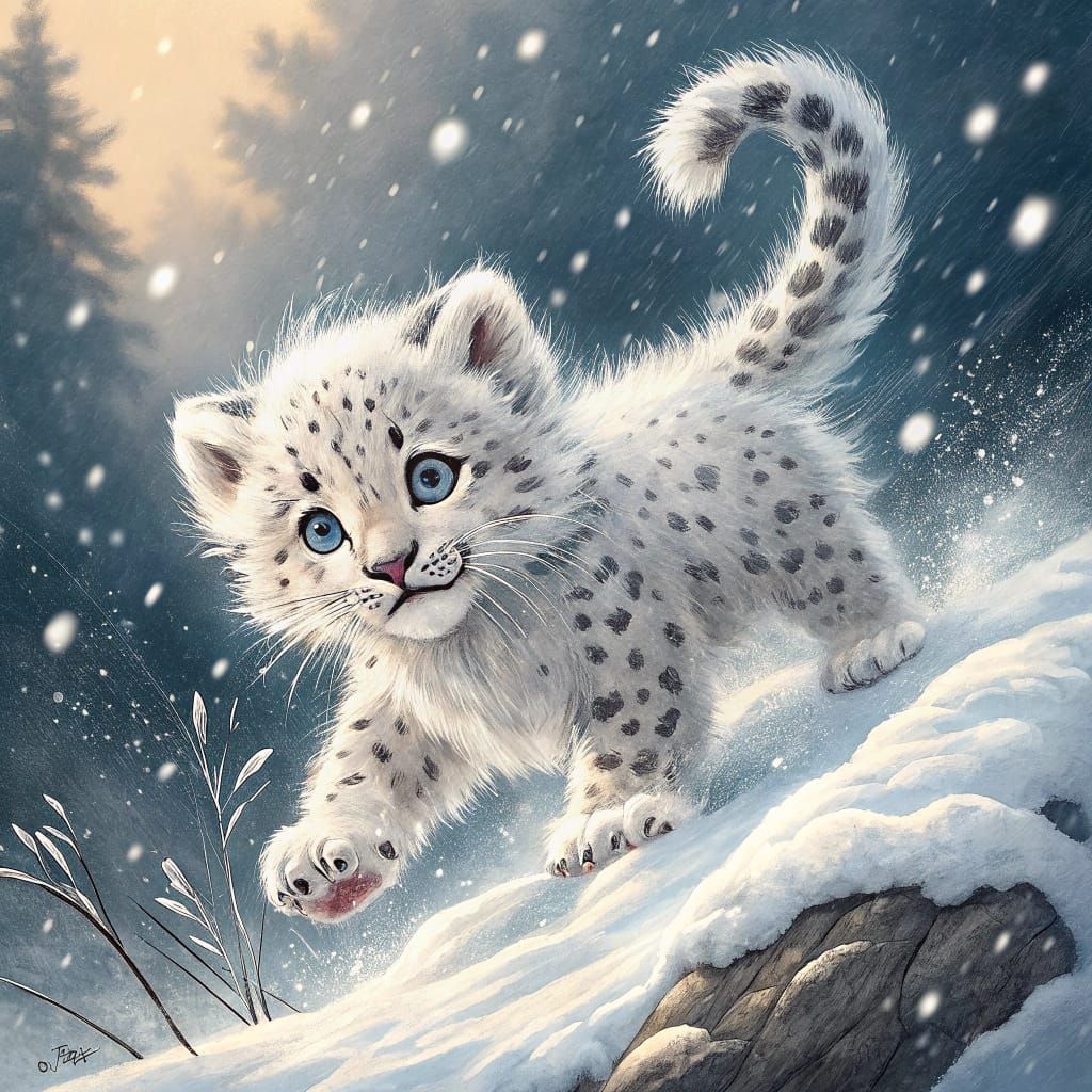 First Snow Prance - Majestic Snow Leopard Cub Soars Through ...