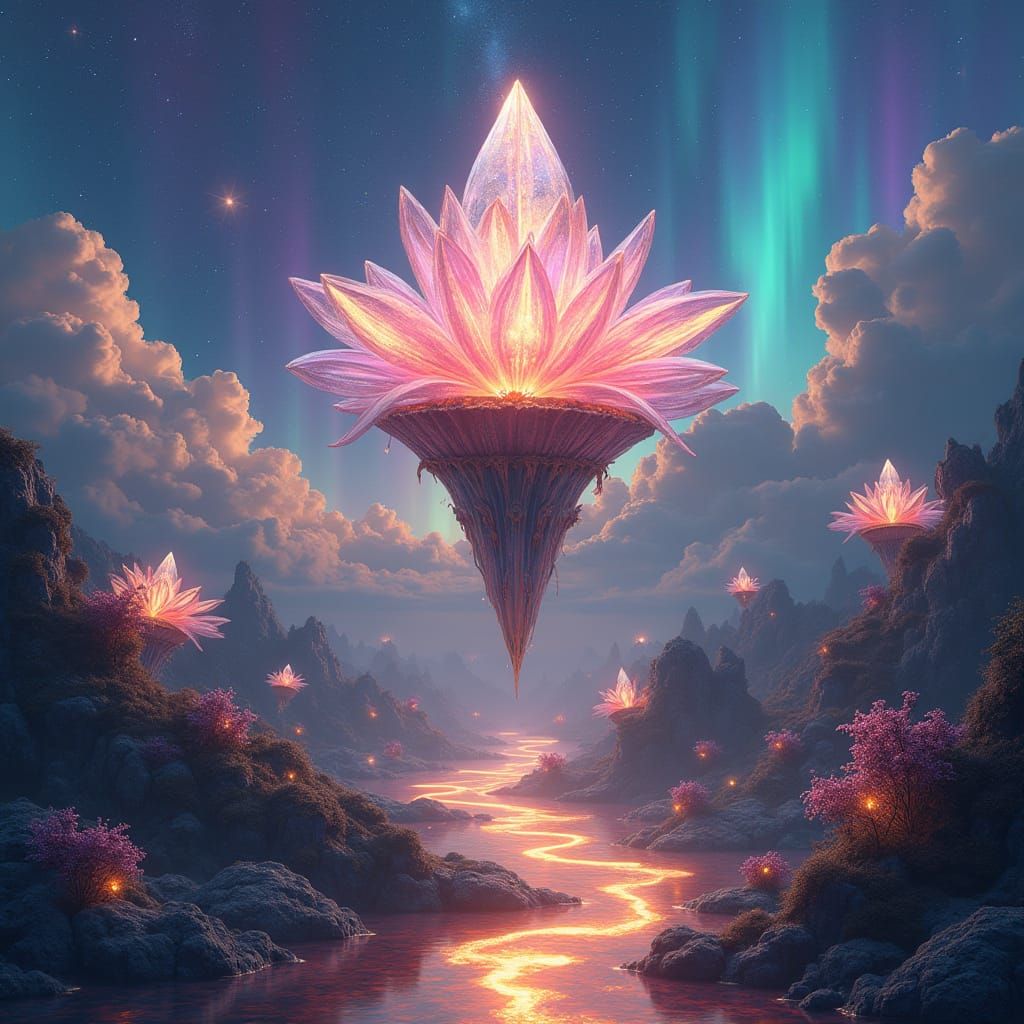 Ethereal Crystal Island in Kaleidoscopic Sky with ... - AI Art