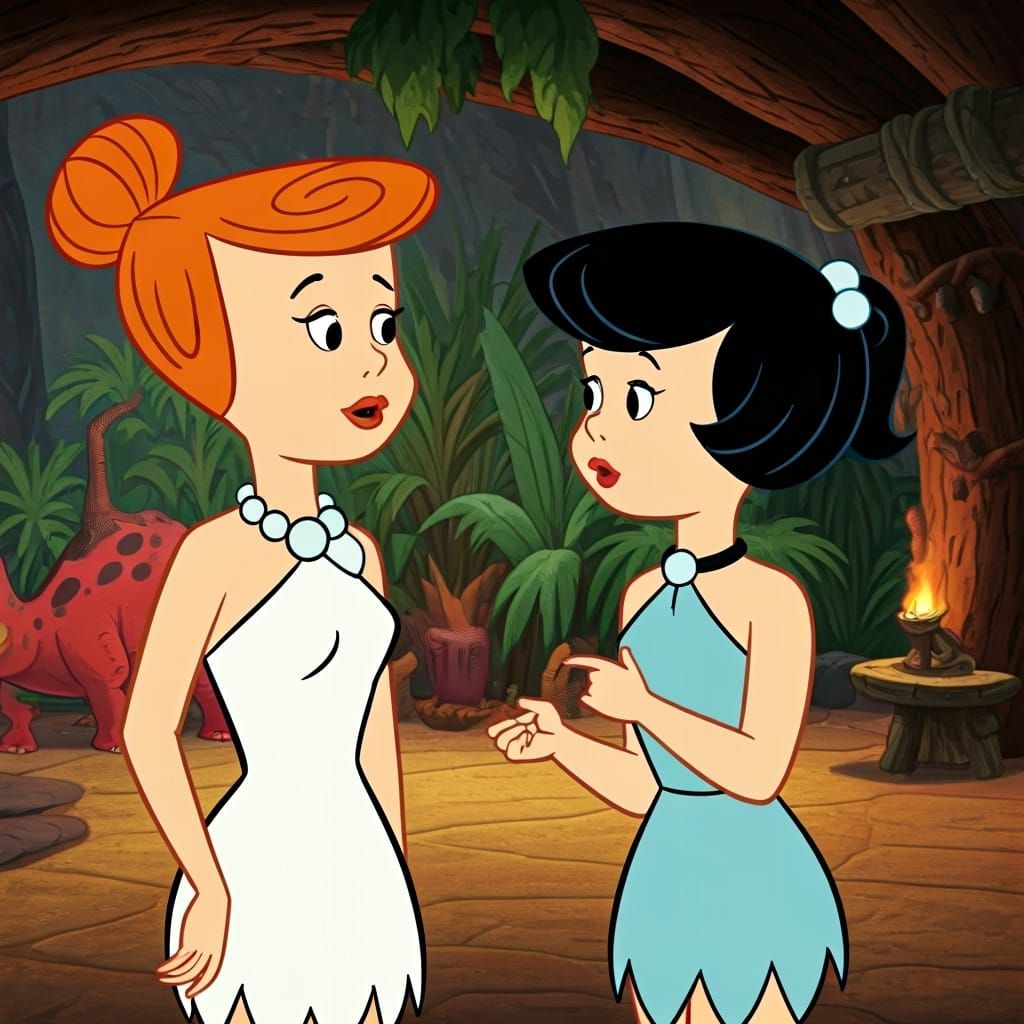 a vibrant scene featuring Wilma Flintstone and Betty Rubble, classic ...