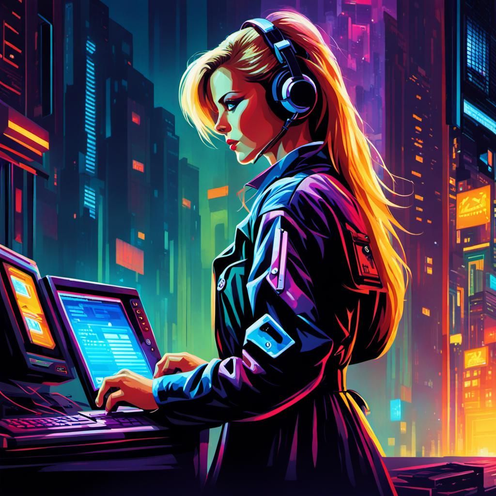 A splendidly beautiful female hacker wearing a digicamo dress is ...