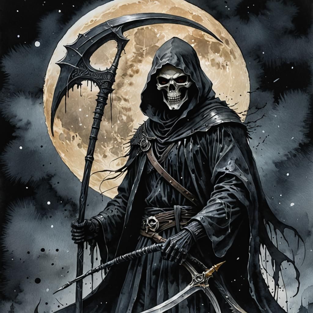 a dark and moody watercolor painting of a reaper close up glowing moon ...