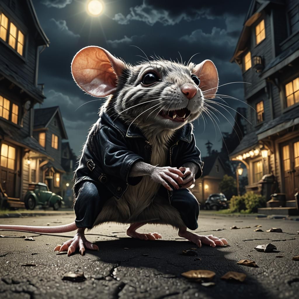 Ed Roth illustration, A mouse outside dramatic lighting, dynamic pose ...